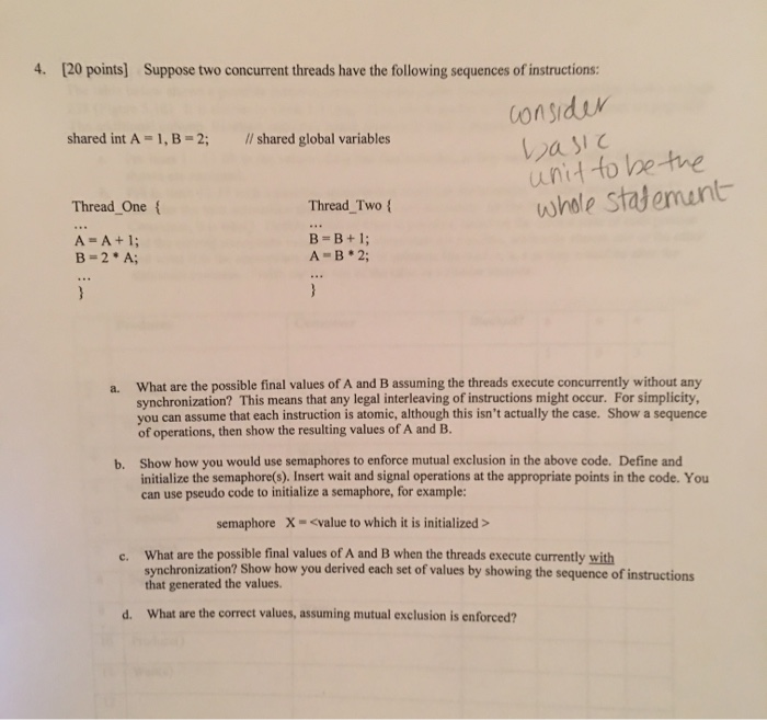 Solved 4. [20 points) Suppose two concurrent threads have | Chegg.com