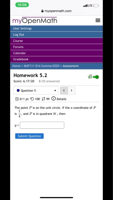 Solved 10:08 ellLTE myopenmath.com myOpenMath User Settings | Chegg.com