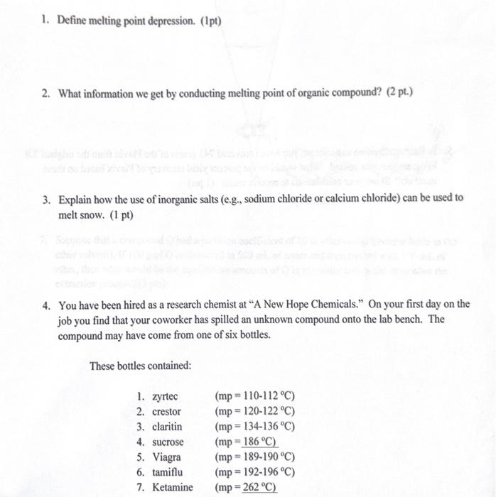 Solved 1. Define melting point depression. (1pt) 2. What | Chegg.com