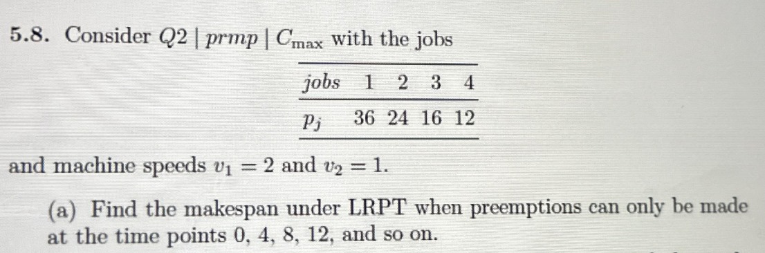 Solved 5.8. ﻿Consider Q2|prmp|Cmax ﻿with the jobsand machine | Chegg.com