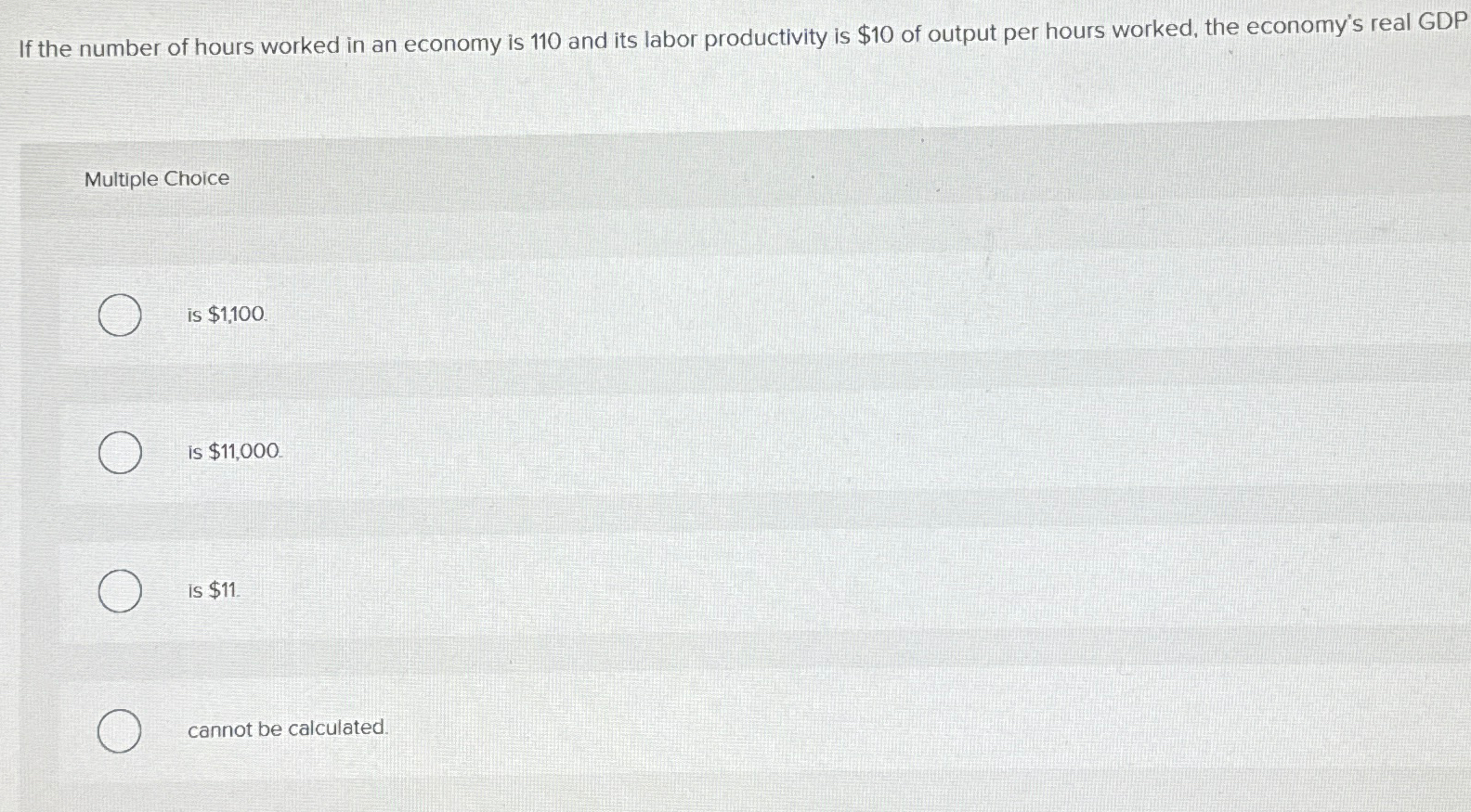 Solved If the number of hours worked in an economy is 110 | Chegg.com