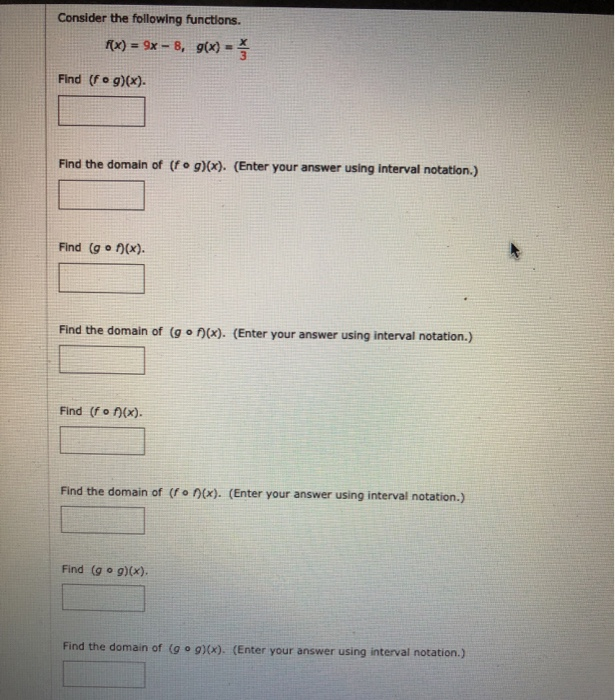 Solved Consider the following functions. f(x) = 9x - 8, g(x) | Chegg.com