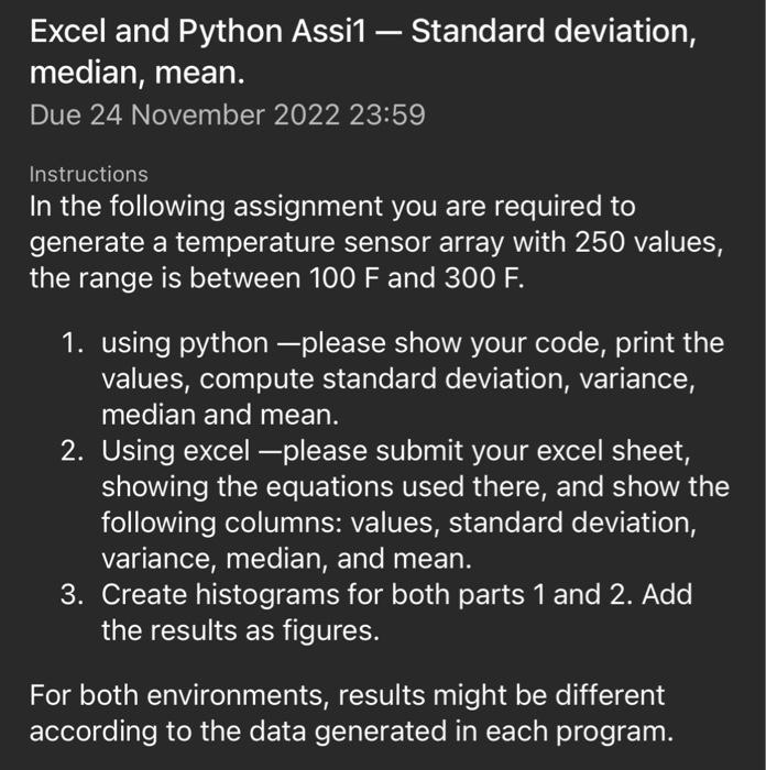Solved Excel and Python Assi1 - Standard deviation, median, | Chegg.com