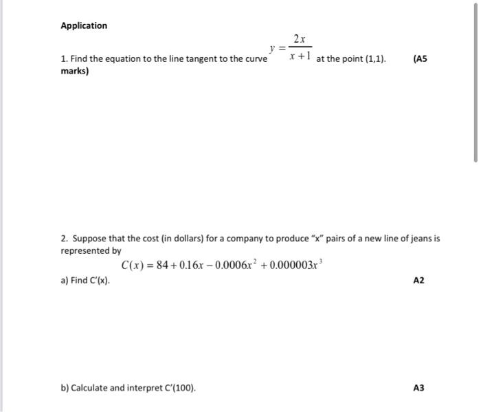 Solved Application 1. Find the equation to the line tangent | Chegg.com