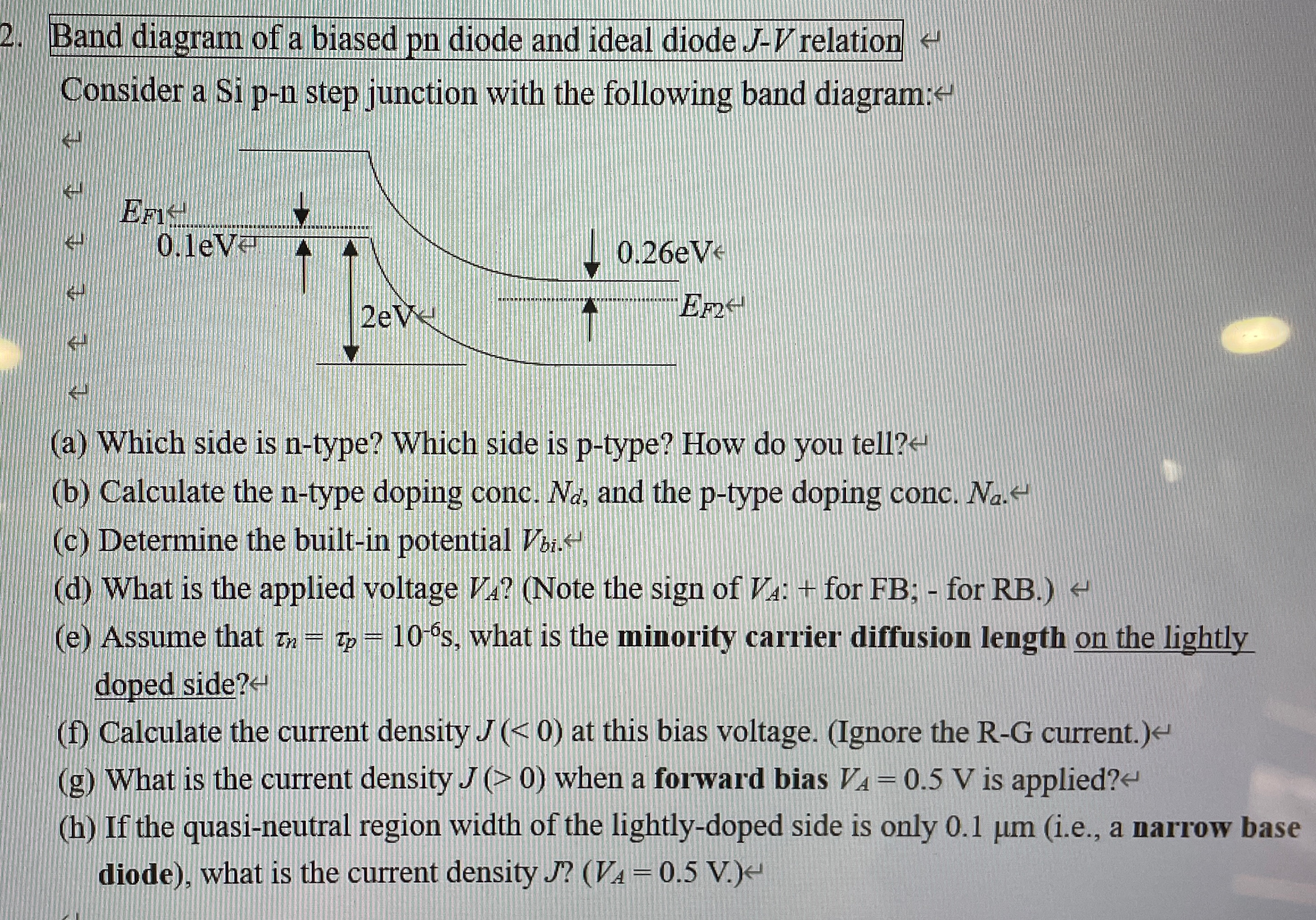 Band diagram of a biased pn ﻿diode and ideal diode | Chegg.com