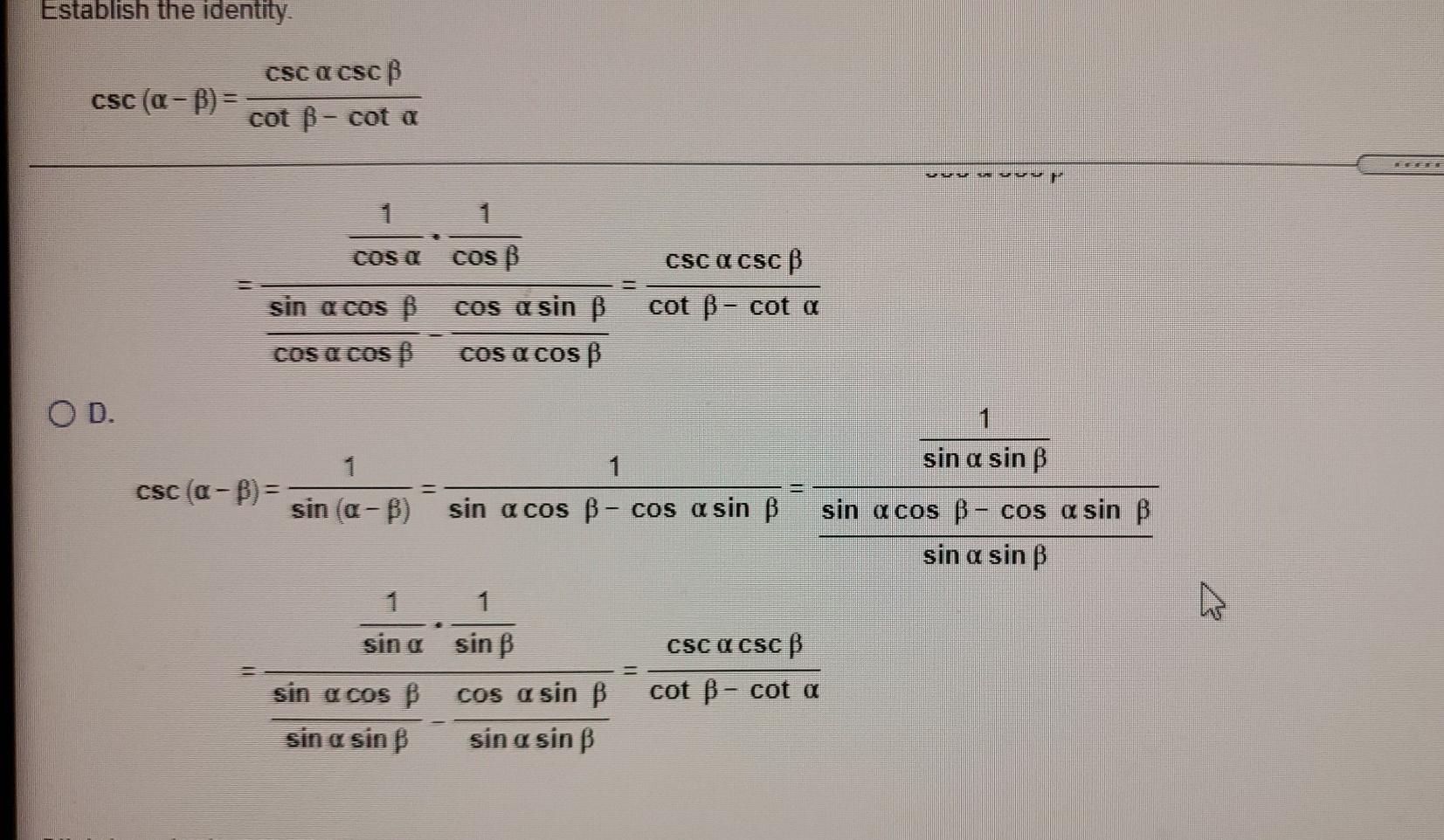 Solved Establish the identity. csc a CSCB csc (a - b) = cot | Chegg.com
