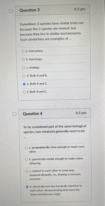 Solved Sometimes 2 species have similar traits not because | Chegg.com