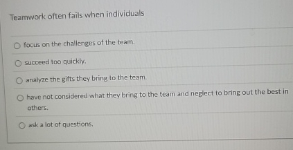 Solved Teamwork often fails when individualsfocus on the | Chegg.com