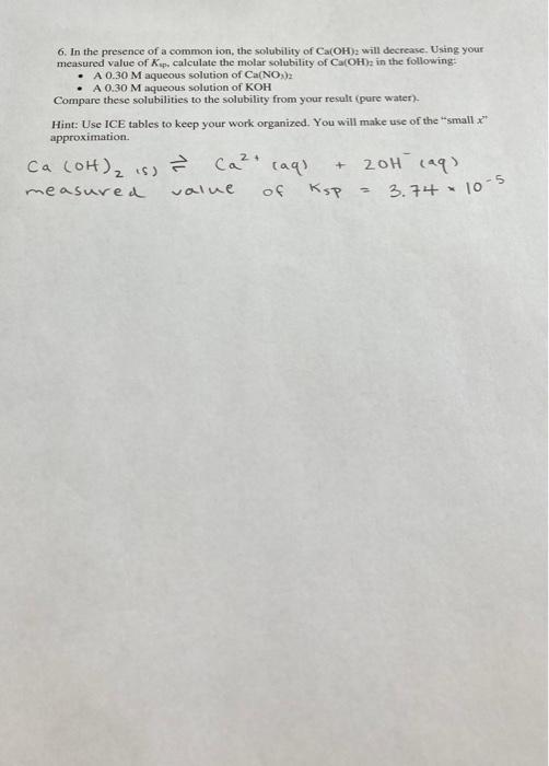 Using your measured value of Ksp, calculate the molar | Chegg.com