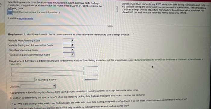Solved Data tableSafe Sailing manutactures flotation wests | Chegg.com