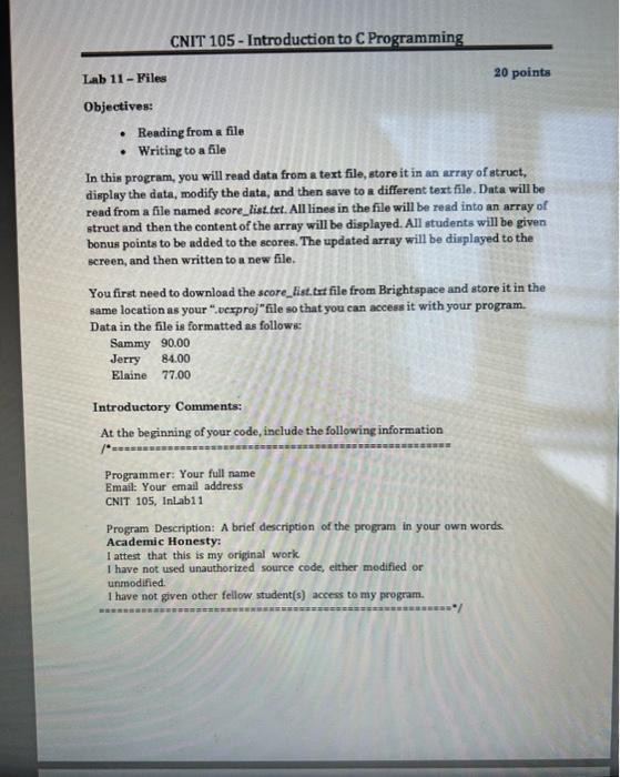 Solved Lab 11 - Files 20 points Objectives: - Reading from a | Chegg.com