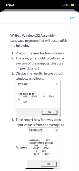 12:53 ell LTE Exit Write a Windows32 Assembly | Chegg.com