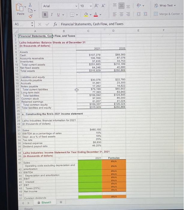 Solved Excel Activity: Financial Statements, Cash Flow, and | Chegg.com