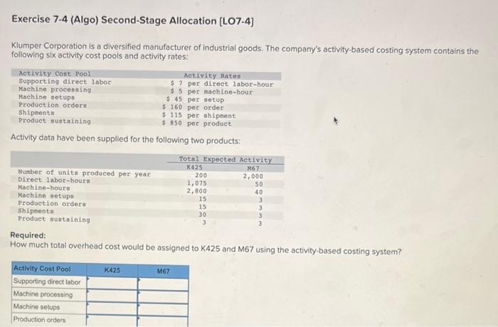 Solved Exercise 7-4 (Algo) Second-Stage Allocation [LO7-4] | Chegg.com
