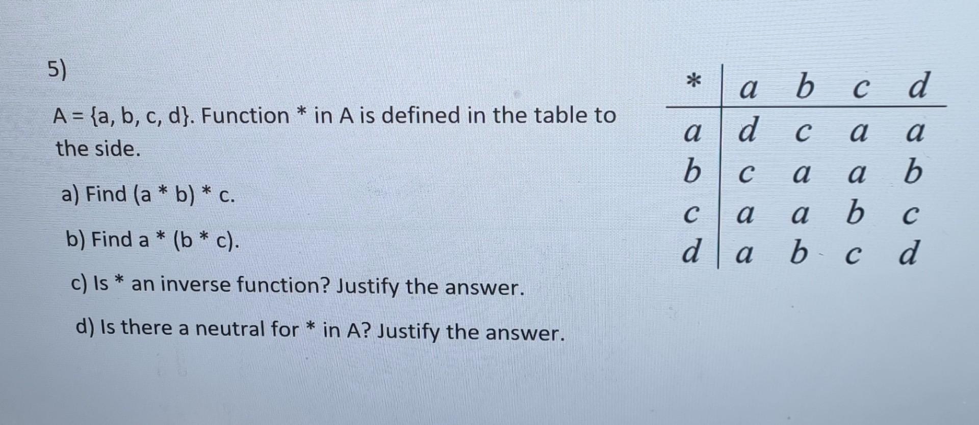 Solved A={a,b,c,d}. Function ∗ in A is defined in the table | Chegg.com