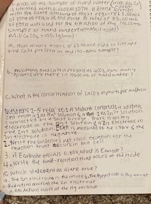 Solved 1. A 100.00 mL sample of hard water (with 1M027) is | Chegg.com