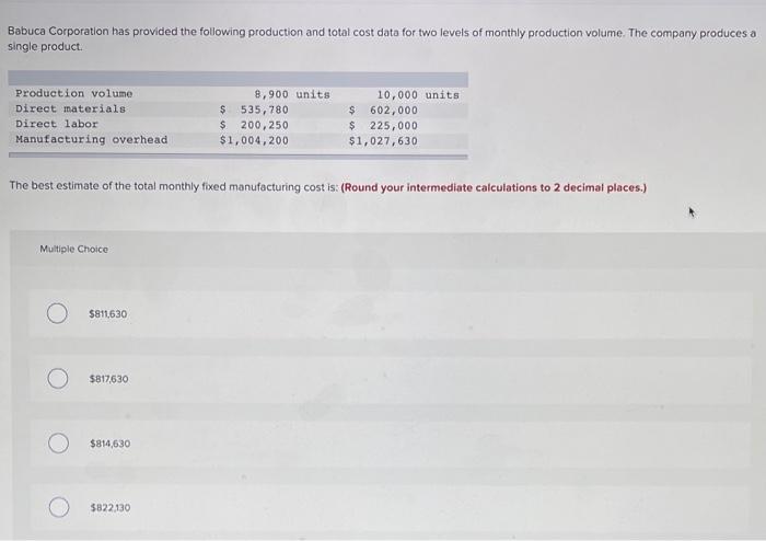 Solved Babuca Corporation has provided the following | Chegg.com