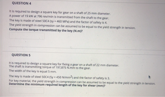 Solved QUESTION 4 It is required to design a square key for | Chegg.com