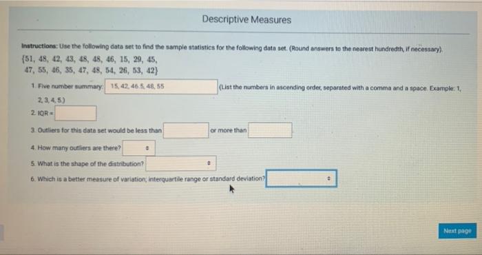 Solved Descriptive Measures Instructions: Use the following | Chegg.com