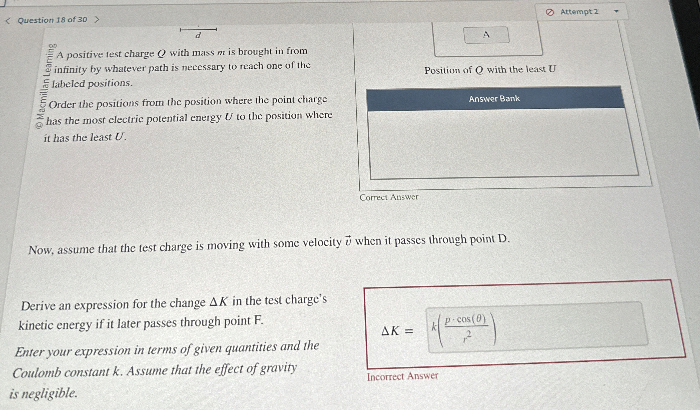 Solved Question 18 ﻿of 30Attempt 2部A positive test charge Q | Chegg.com