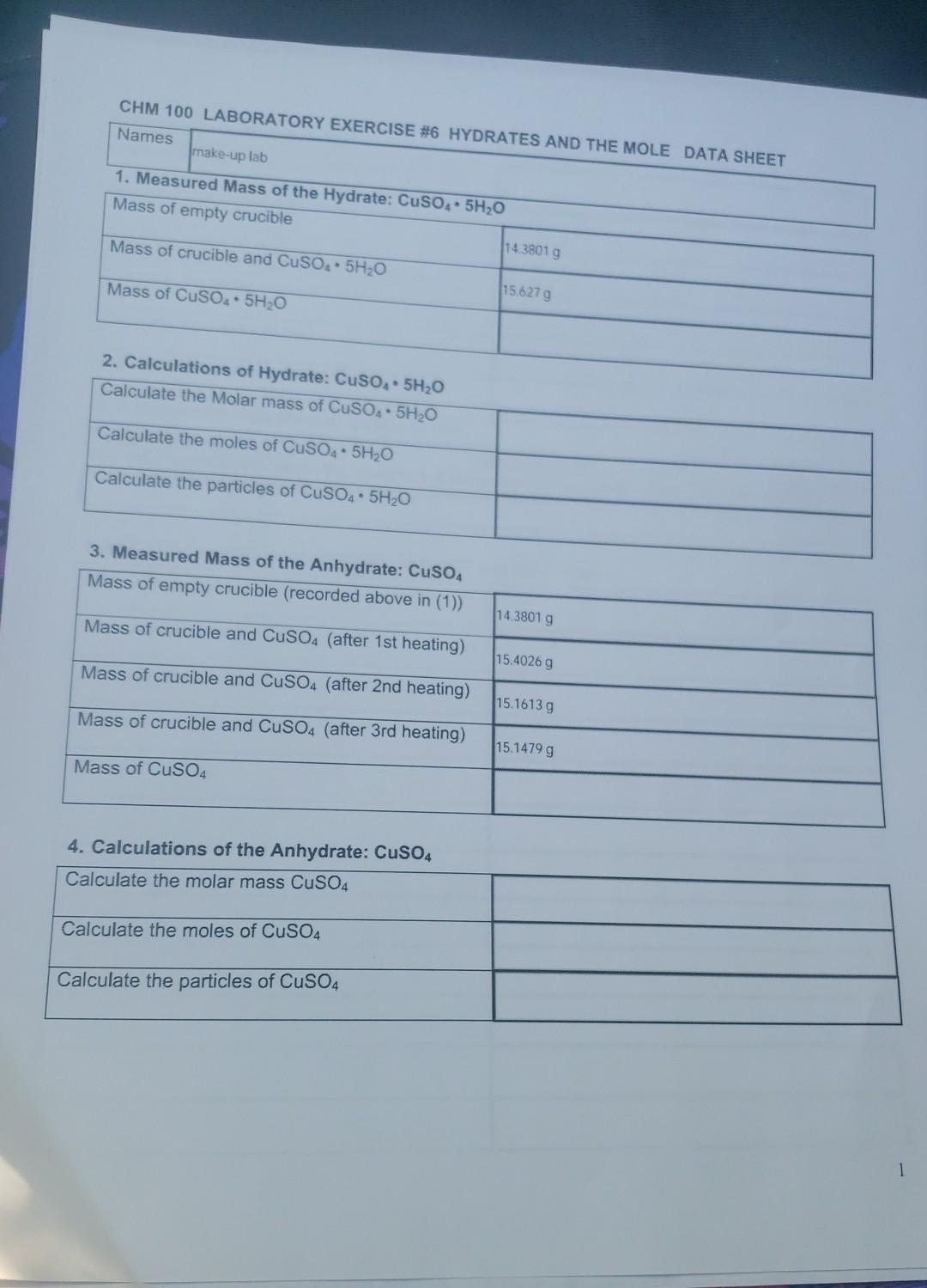 Solved CHM 100 LABORATORY EXERCISE #6 HYDRATES AND THE MOLE | Chegg.com