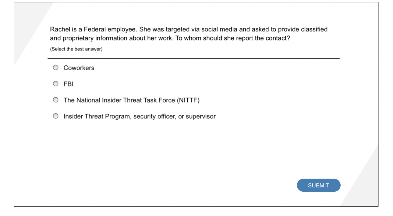 Solved Rachel is a Federal employee. She was targeted via | Chegg.com
