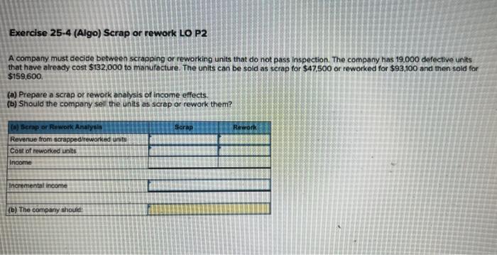 Solved Exercise 25-4 (Algo) Scrap or rework LO P2 A company | Chegg.com