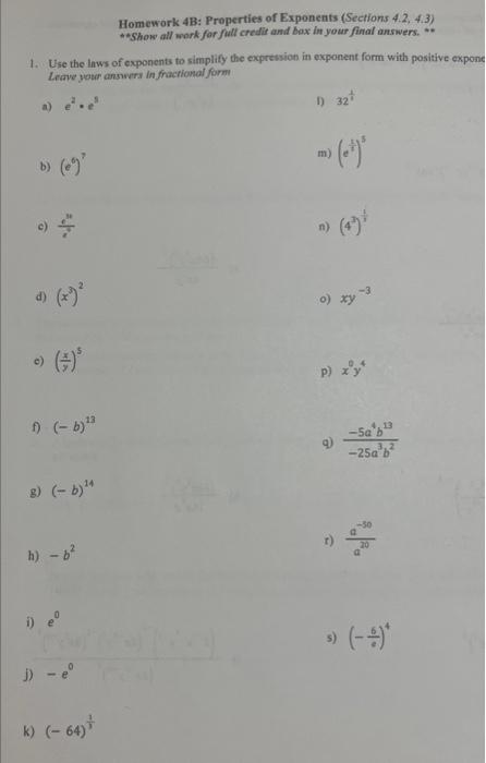 Solved Homework 4B: Properties of Exponents (Sections 4.2, | Chegg.com