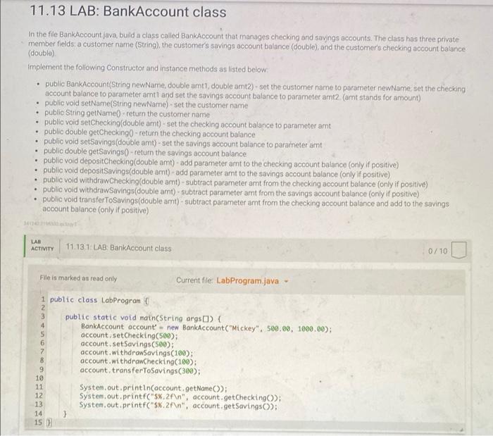 Solved 11.13 LAB: BankAccount class . . . In the file | Chegg.com