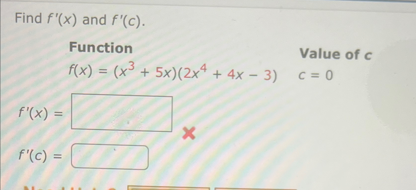 Solved Find f'(x) ﻿and f'(c).FunctionValue of | Chegg.com