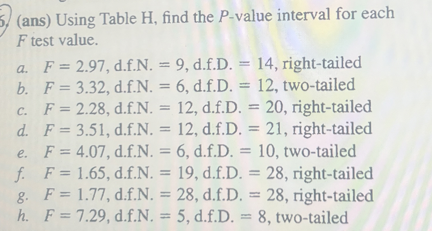 Solved (ans) ﻿Using Table H, ﻿find the P-value interval for | Chegg.com