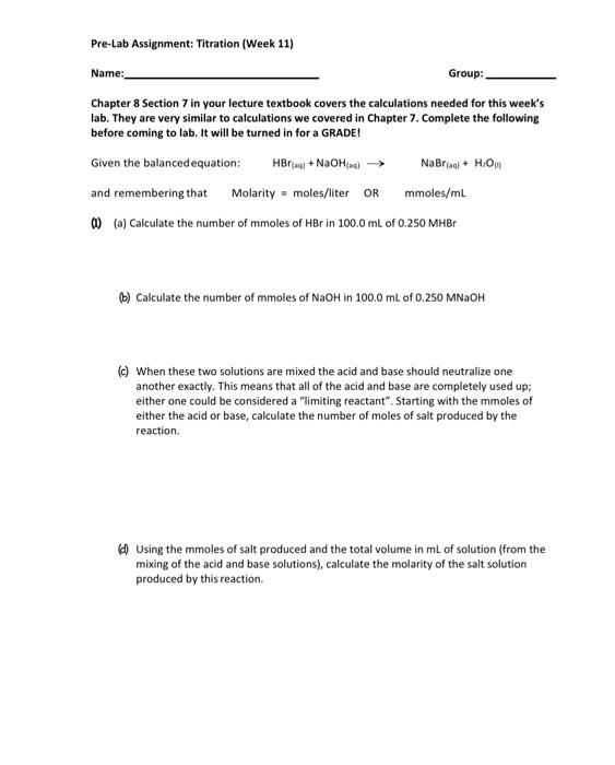 Solved Pre-Lab Assignment: Titration (Week 11) Name: Group: | Chegg.com