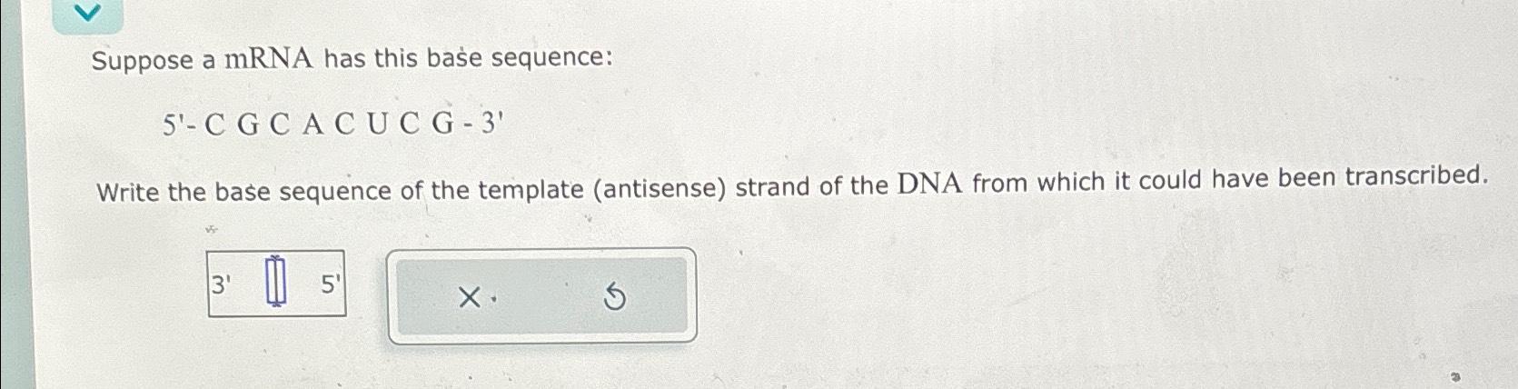 Solved Suppose a mRNA has this base sequence:5'- ﻿C G C A C | Chegg.com