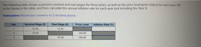 Solved The following table shows a person's nominal and real | Chegg.com