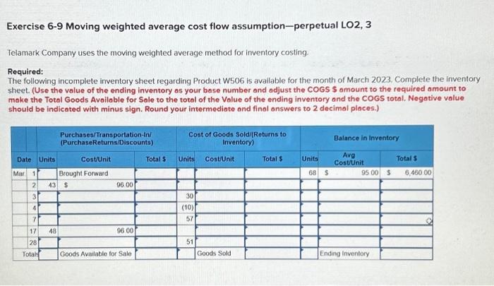 Solved Exercise 6-9 Moving weighted average cost flow | Chegg.com