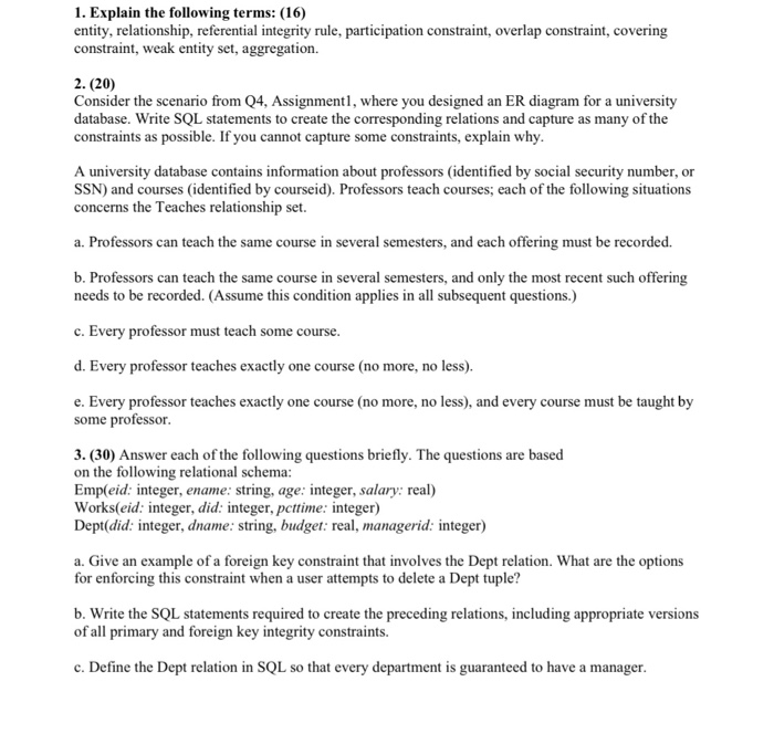 Solved 1. Explain the following terms: (16) entity, | Chegg.com