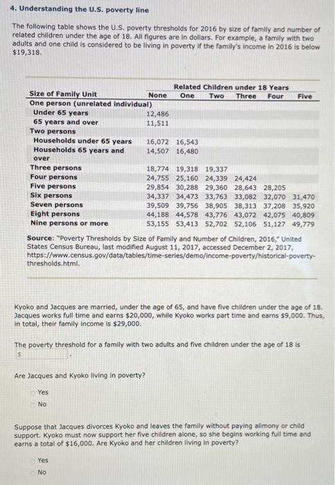 [Solved]: 4. 4. Understanding the U.S. poverty line The foll