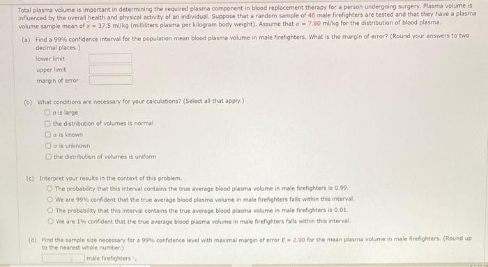 Solved Total plasma volume is important in determining the | Chegg.com