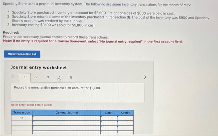 Solved Specialty Store uses a perpetual inventory system. | Chegg.com