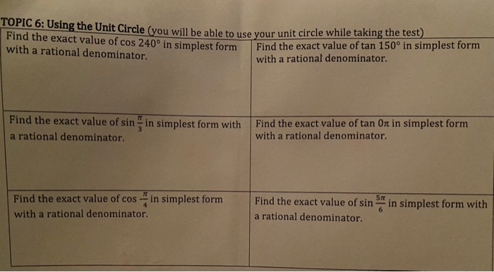 Solved TOPIC 6: Using the Unit Circle (you will be able to | Chegg.com