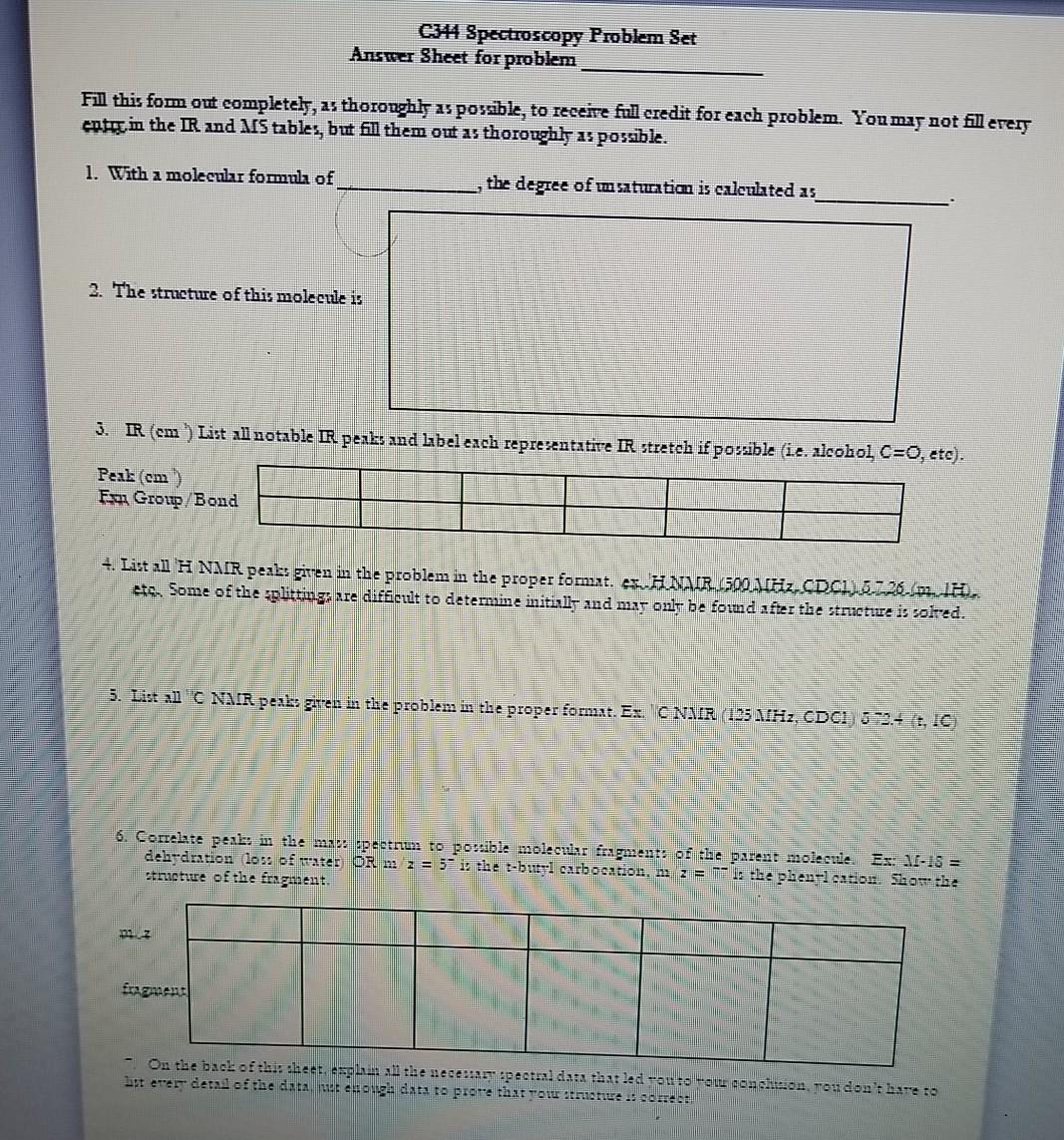 Solved C344 Spectroscopy Problem Set Answer Sheet for | Chegg.com