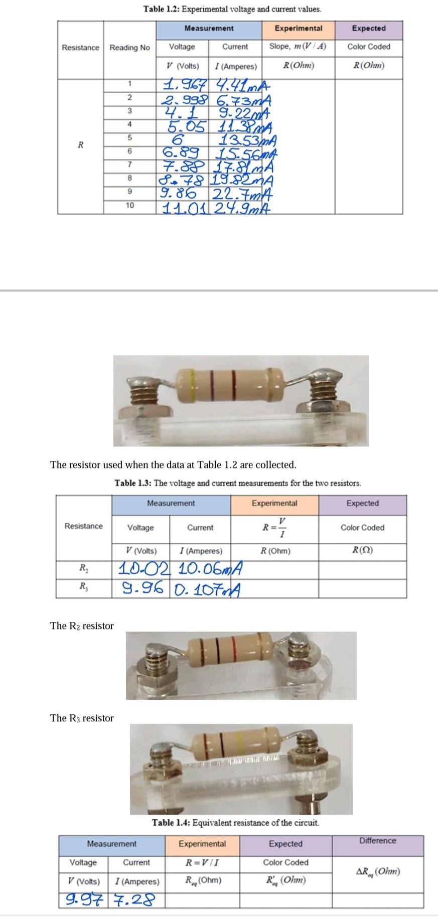 Table 1.2: Experimental voltage and current values. | Chegg.com