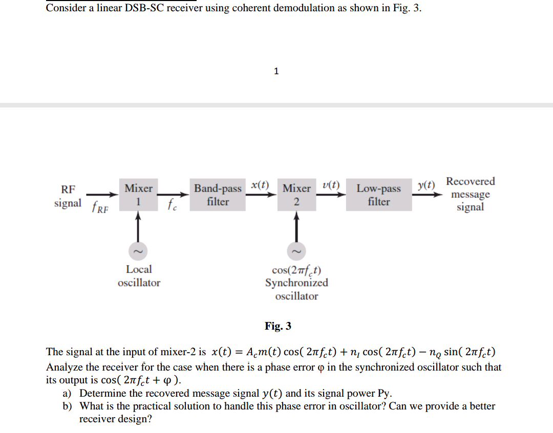 Consider a linear DSB-SC receiver using coherent | Chegg.com