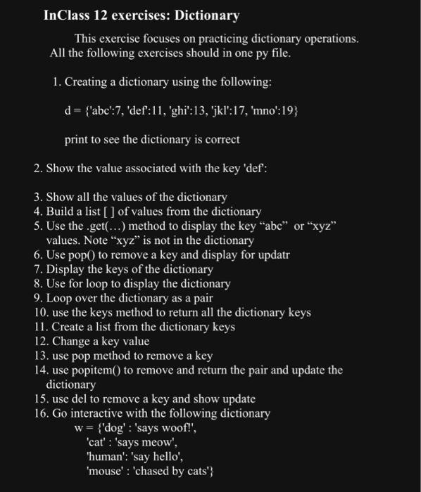 Solved InClass 12 exercises: Dictionary This exercise | Chegg.com