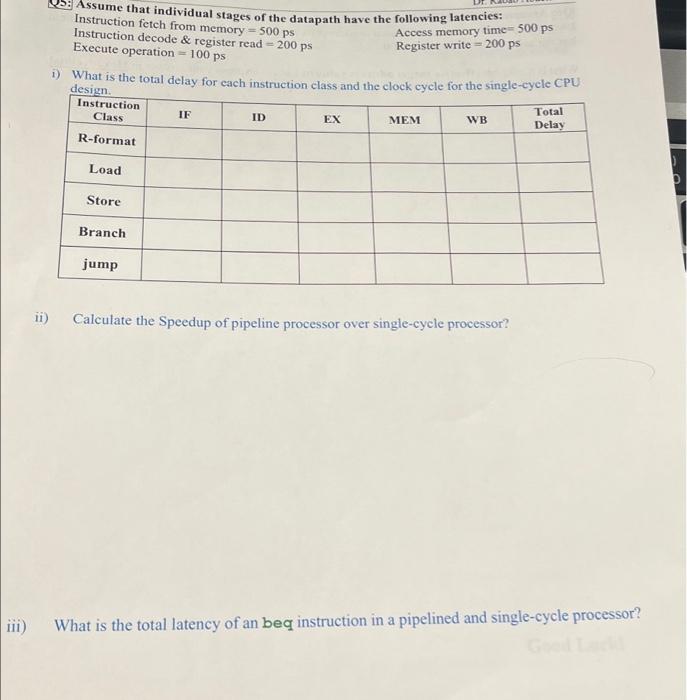 Solved iii) Assume that individual stages of the datapath | Chegg.com