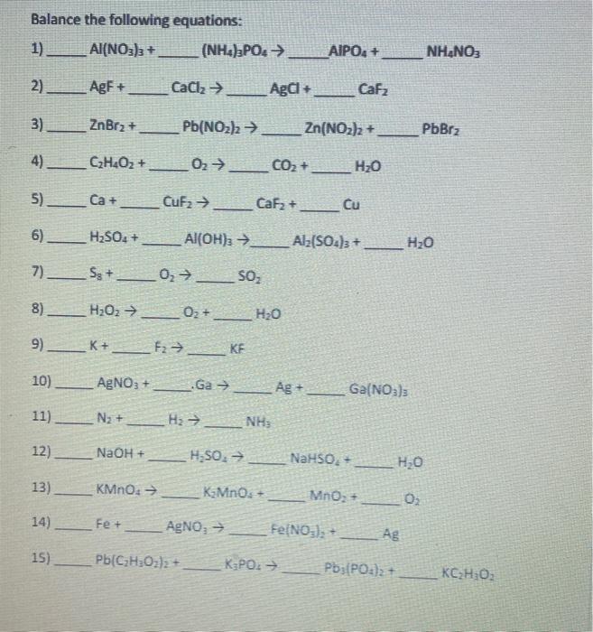 Solved Balance the following equations: 1) Al(NO3)3+ | Chegg.com