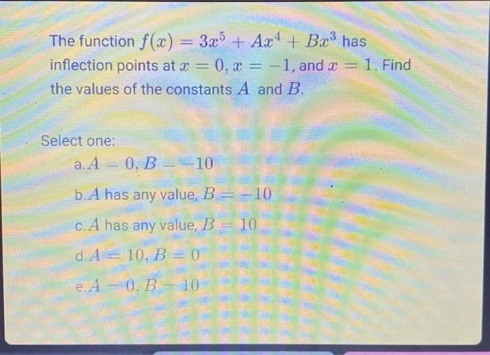 Solved The function f(x)=3x5+Ax4+Bx3 has inflection points | Chegg.com