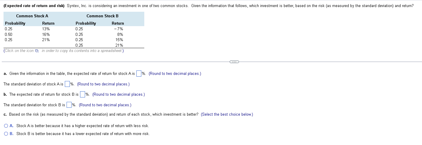 a. ﻿Given the information in the table, the expected | Chegg.com