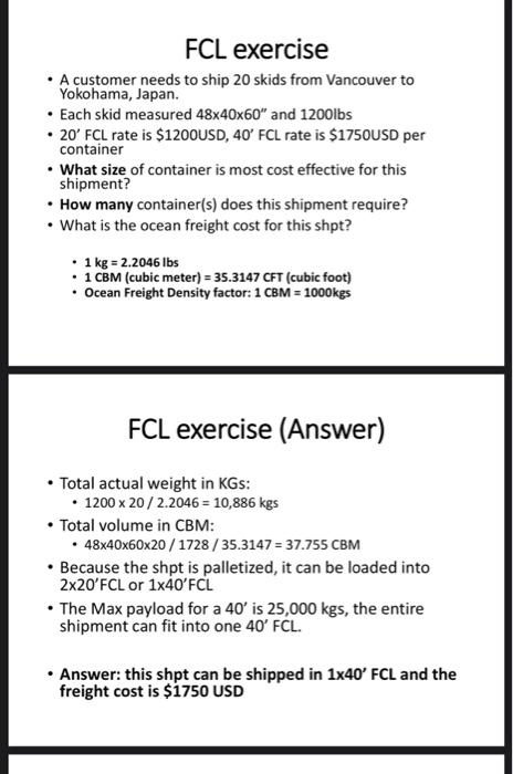 Solved FCL (Full Container Load) cargo volume Container Type | Chegg.com