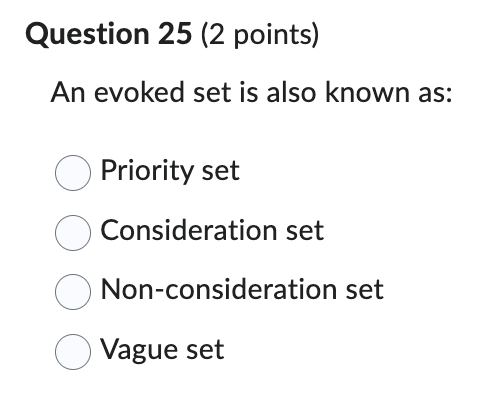 Solved Question 25 (2 ﻿points)An evoked set is also known | Chegg.com